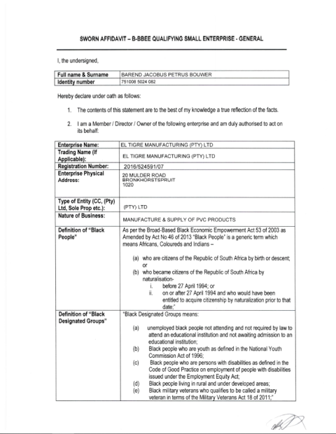 BBBEE | El-Tigre Manufacturing